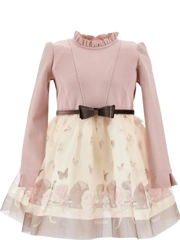 Monnalisa Long Sleeve Floral Print Ruffled Collar Dress - Nude