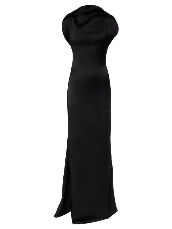 Victoria Beckham Satin Crepe Gown With High Neck And Slit - Black