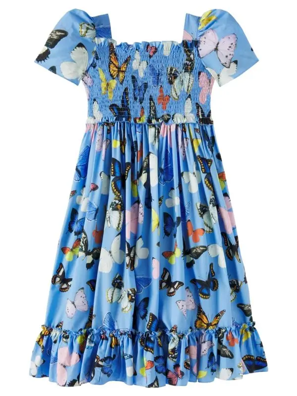 Dolce & Gabbana Printed Shirred Cotton Poplin Dress - Blue