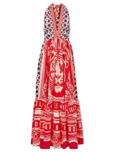 Camilla Halterneck Cotton Poplin Maxi Dress With Tiger Print - Red