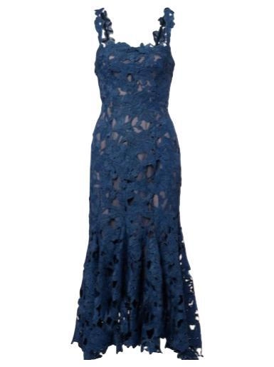 Oscar De La Renta Guipure Lace Floral Embroidered Midi Dress - Blue