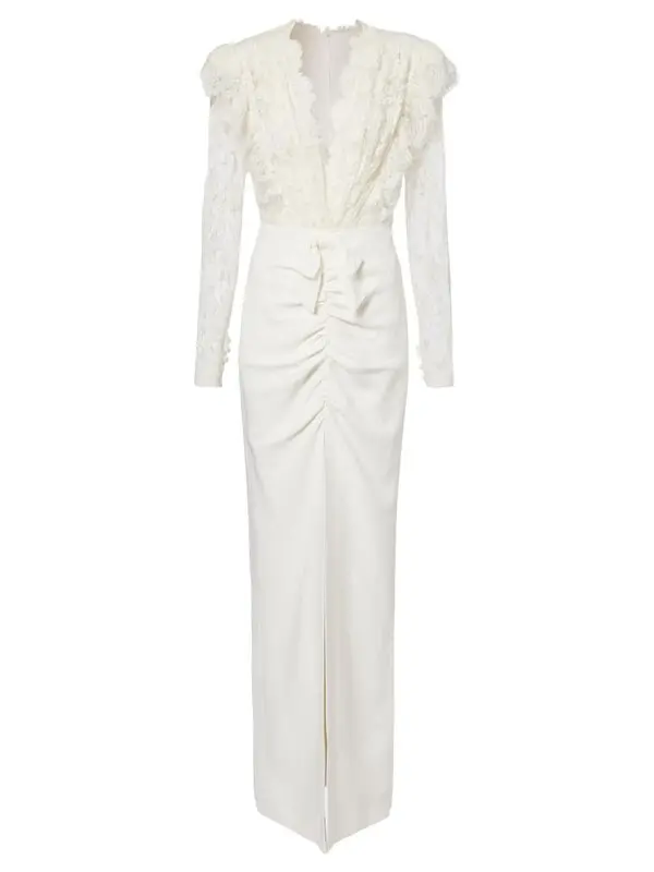 Alessandra Rich Lace Gown With Plunge Neckline And Front Slit - White