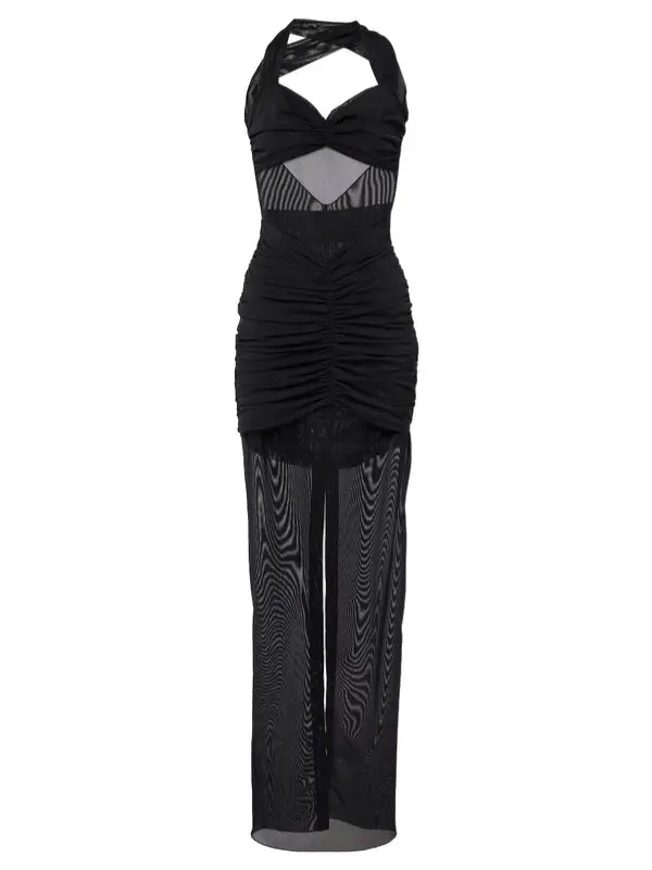 Alessandra Rich Ruched Sheer Mesh Maxi Dress - Black