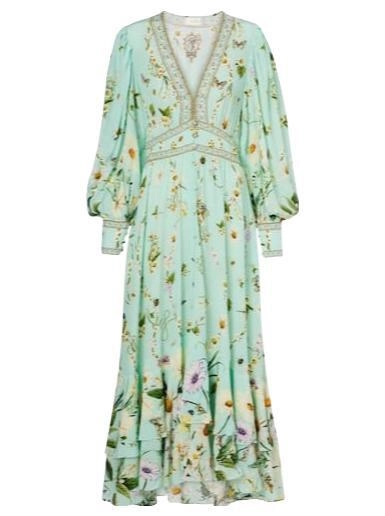 Camilla Floral Pattern Silk Crepe Maxi Dress - Green