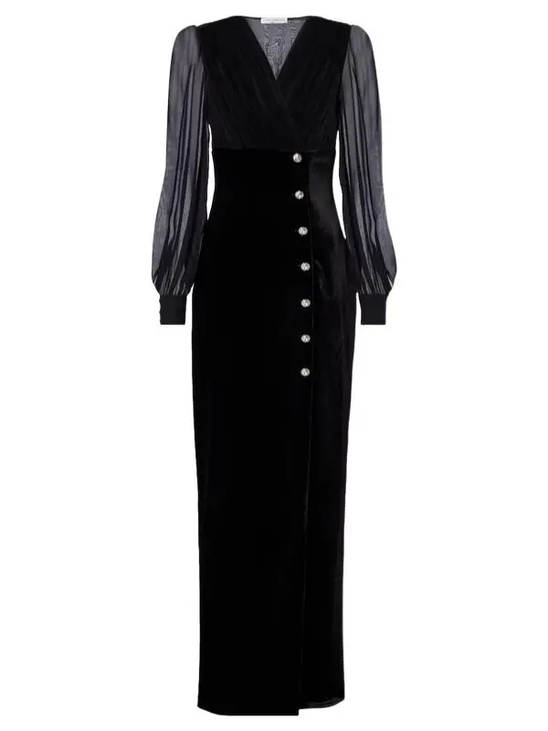 Alessandra Rich Velvet And Georgette Gown With Embellished Buttons - Black