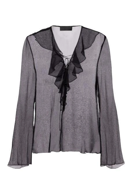 NILI LOTAN Ruffled Front Tie Shirt - Gray