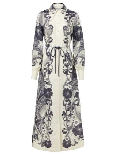 ALEMAIS Printed Linen Shirt Dress - White