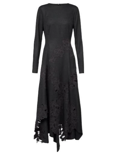 Oscar De La Renta Peony Asymmetric Wool Midi Dress With Floral Embroidery - Black