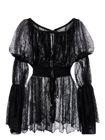 Blumarine Floral Chantilly Lace Top With Front Ties - Black
