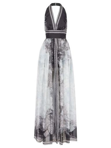 Elie Saab Printed Silk Chiffon Maxi Dress - Gray