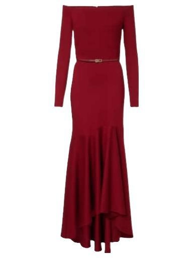 Elie Saab Off-shoulder Jersey Gown With Belt - Red