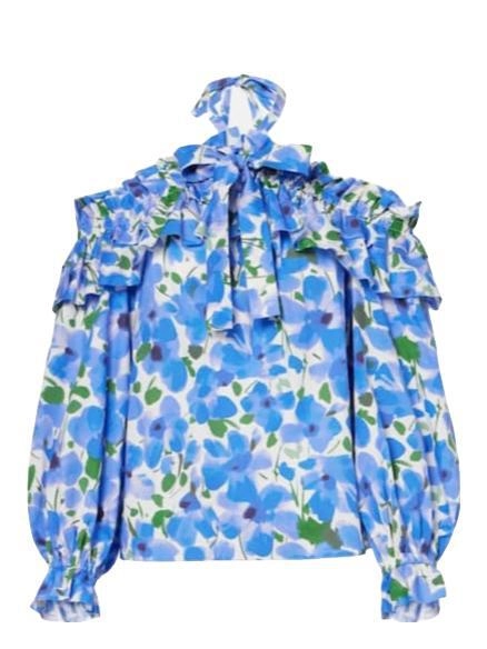 Carolina Herrera Floral Off-the-shoulder Cotton-blend Top - Blue