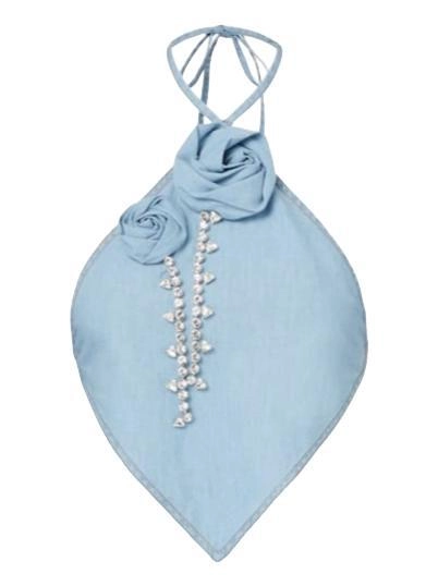 AREA Embellished Floral-appliqué Cotton Halter Top - Blue
