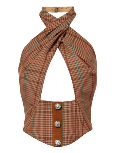 AREA Checked Halterneck Wool-blend Top - Brown