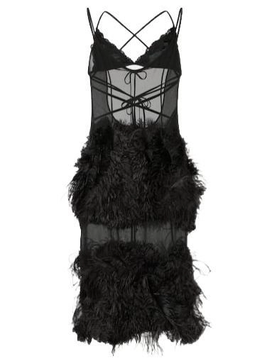 Attico Sheer Feather-trimmed Midi Dress - Black