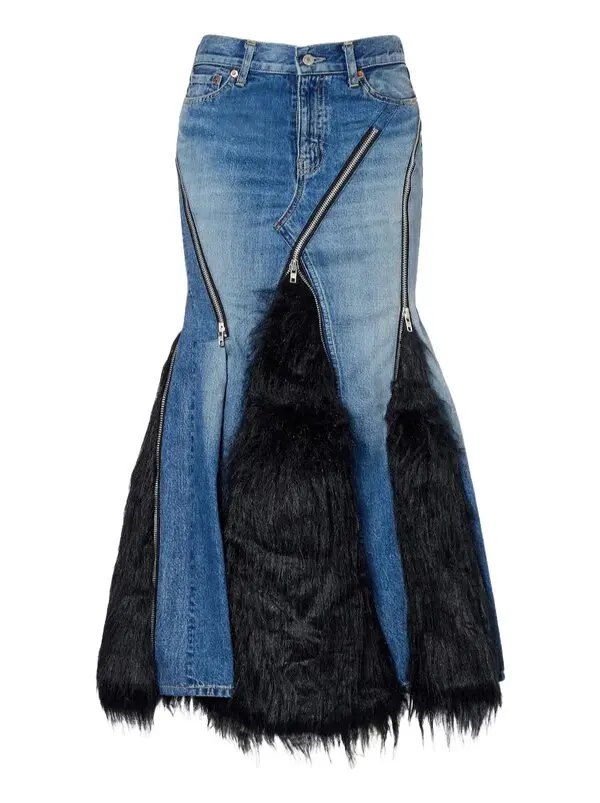 Junya Watanabe Low-rise Denim Skirt With Fur Accents - Black