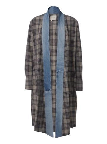 GREG LAUREN Plaid Cotton Coat With Denim Piping - Black