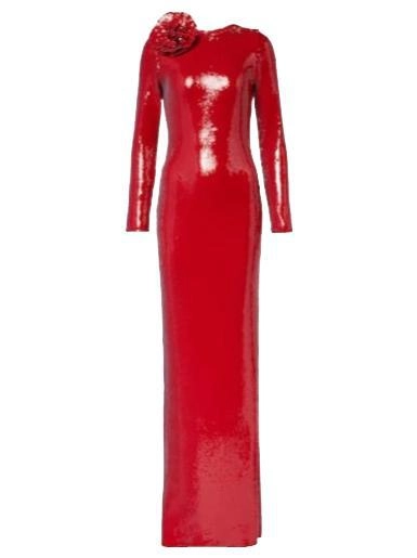 RODARTE Sequined Gown With Floral Appliqu - Red