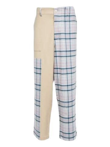 THE ELDER STATESMAN Plaid Patchwork Straight Leg Trousers - Nude