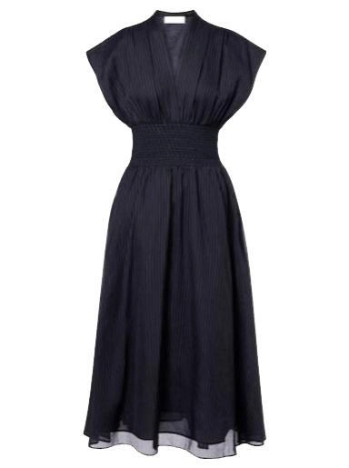 Tory Burch Striped Midi Dress With Smocked Waist - Black