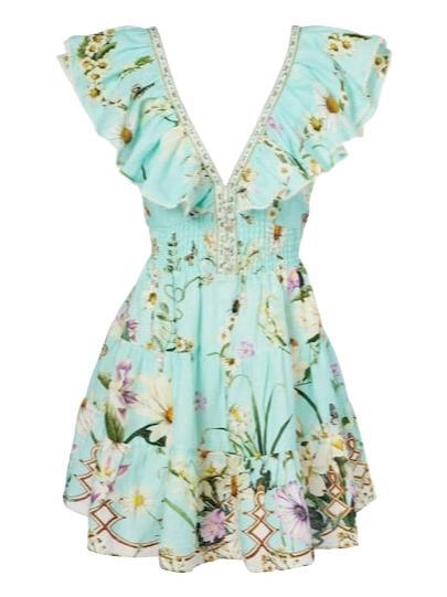 Camilla Embellished Floral Linen Minidress - Green