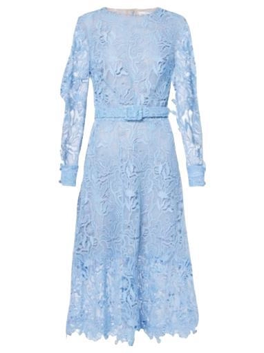 Oscar De La Renta Floral Lace Long Sleeve Midi Dress With Belt - Blue