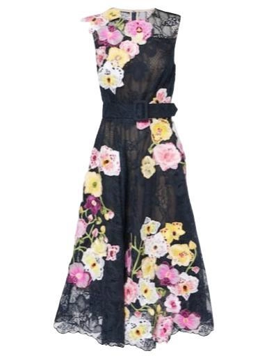 Oscar De La Renta Embroidered Orchid Lace Midi Dress - Black