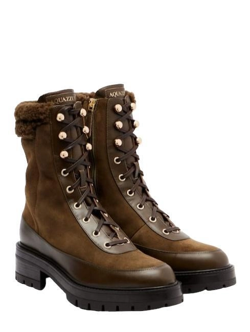 AQUAZZURA Shearling-trimmed Suede Lace-up Boots - Brown
