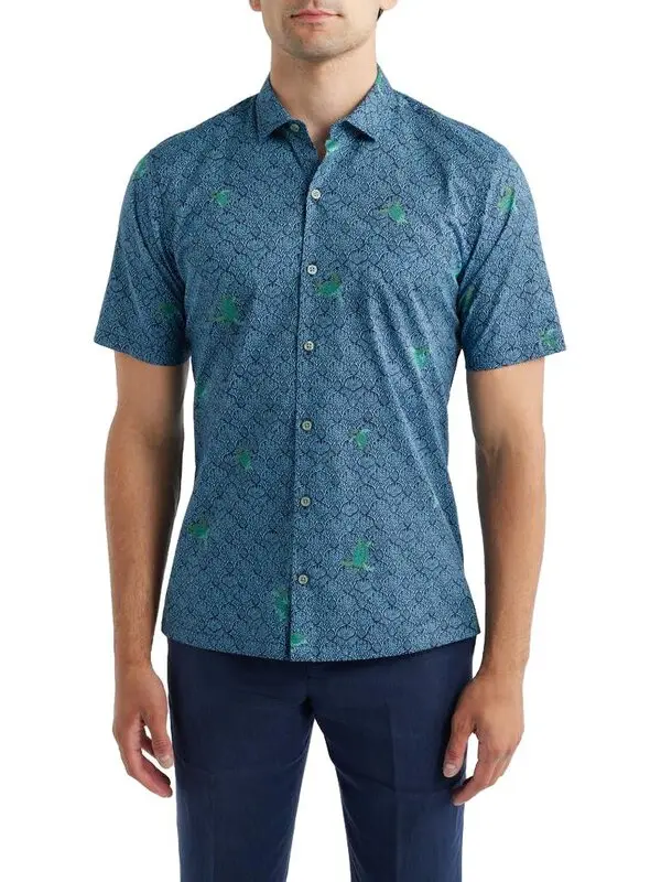 Tori Richard Chelonian Short Sleeve Cotton Button Up Shirt - Navy