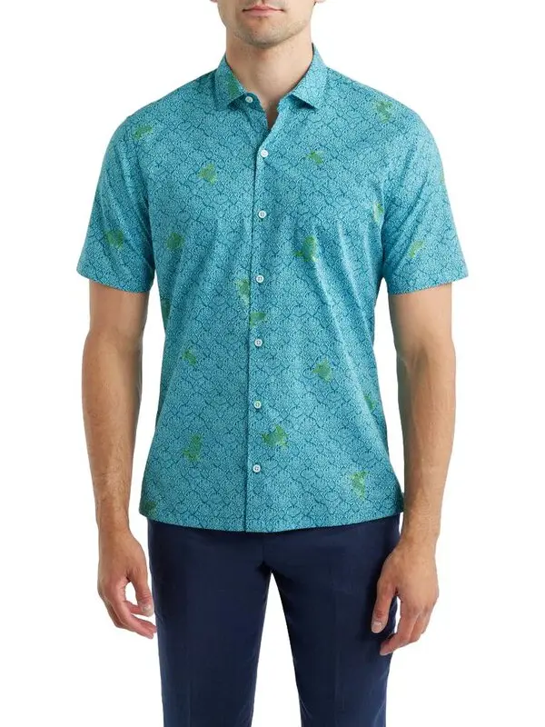 Tori Richard Chelonian Short Sleeve Cotton Button Up Shirt - Nile