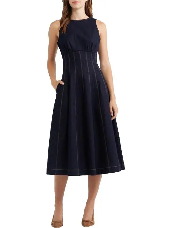 ZOE AND CLAIRE Sleeveless Contrast Stitch Midi Dress - Denim