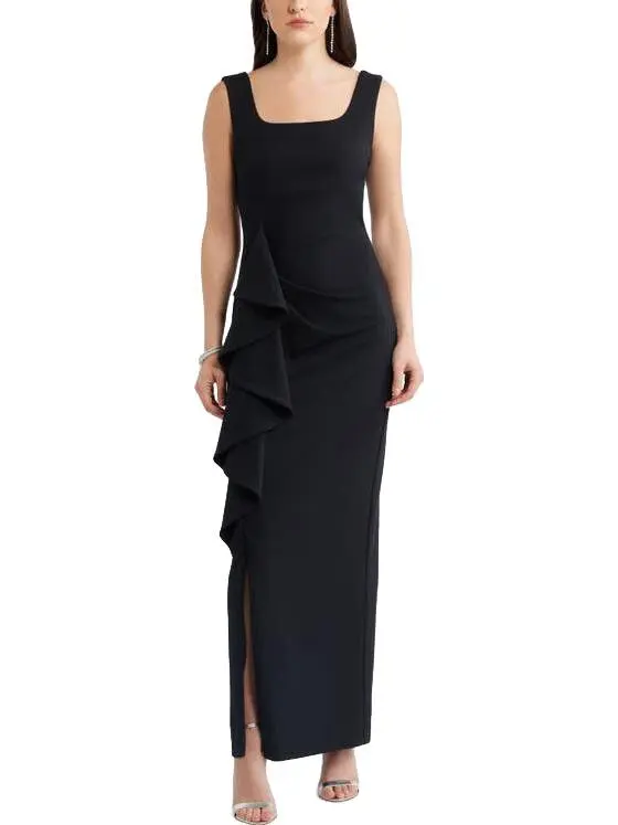 Chelsea28 Ruffle Drape Square Neck Maxi Gown - Black