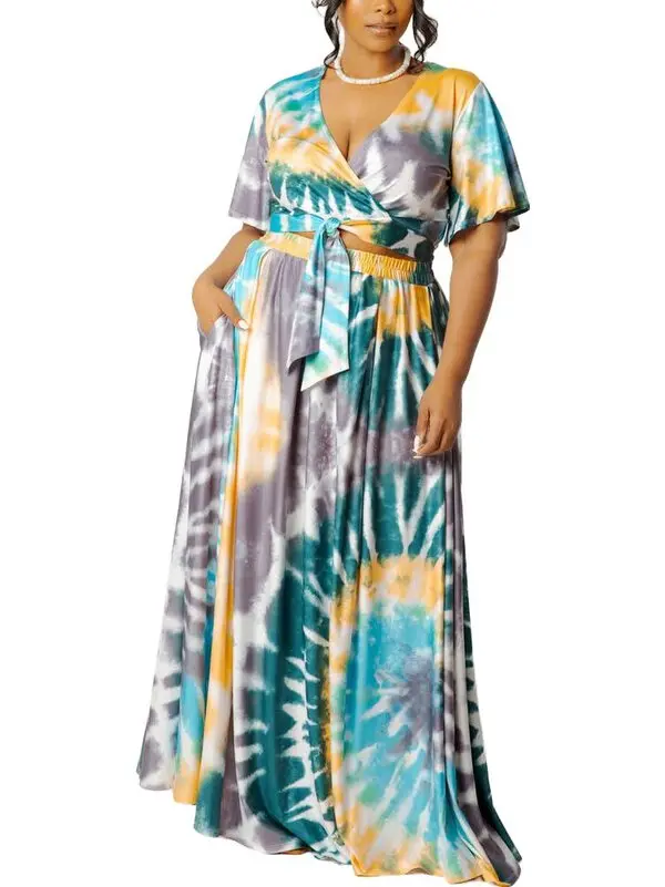 BUXOM COUTURE Printed Tie-front Top And Maxi Skirt Set - Blue Multi