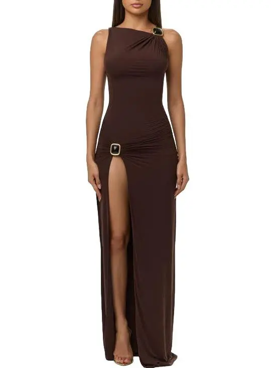 Naked Wardrobe High Slit Maxi Dress - Dark Chocolate