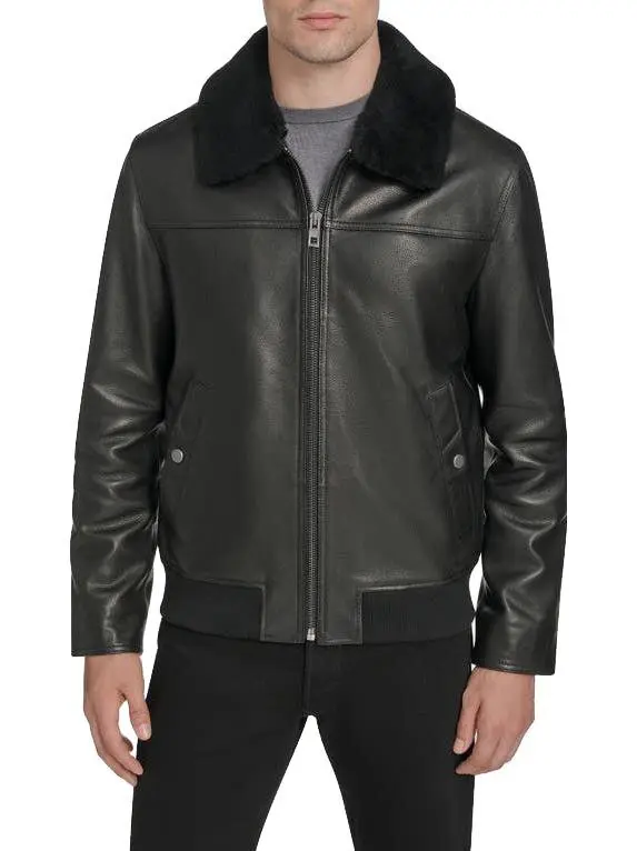 Andrew Marc Leather Aviator Jacket With Removable Shearling Collar - Black