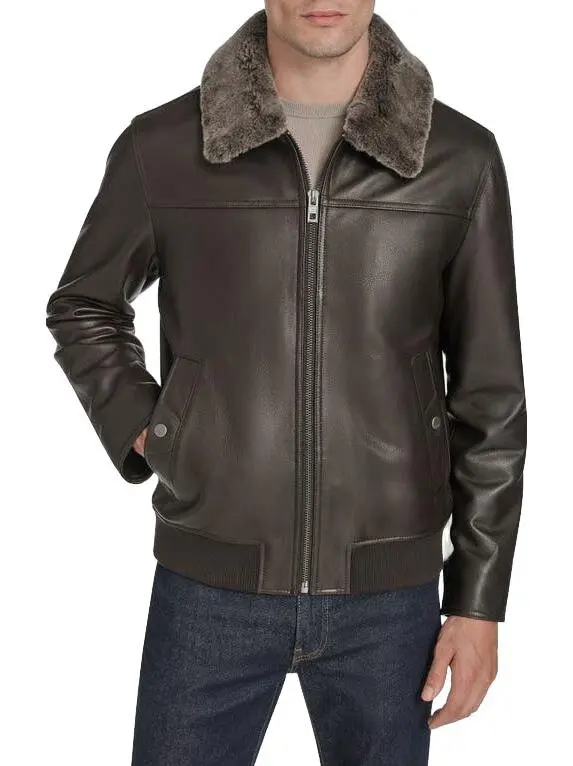 Andrew Marc Leather Aviator Jacket With Removable Shearling Collar - Chocolate