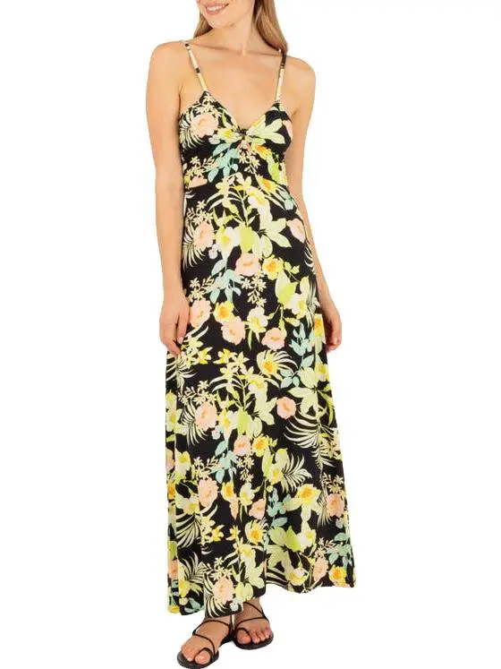 Hurley Paradiso Maxi Dress With Floral Print And Twisted Keyhole Neckline - Black
