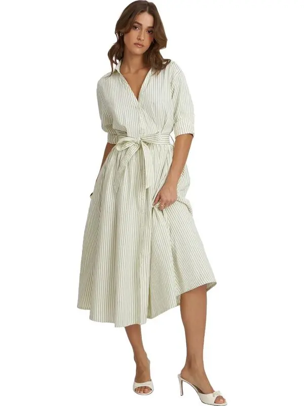 MISS CIRCLE NEW YORK Striped Poplin Midi Shirt Dress - Green