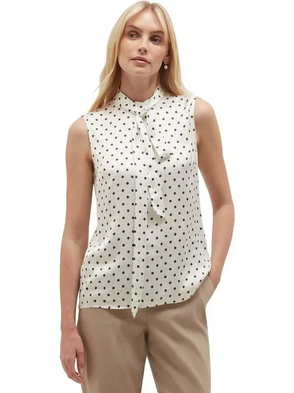 HOBBS LONDON Sleeveless Polka Dot Tie Neck Blouse - Brownivory