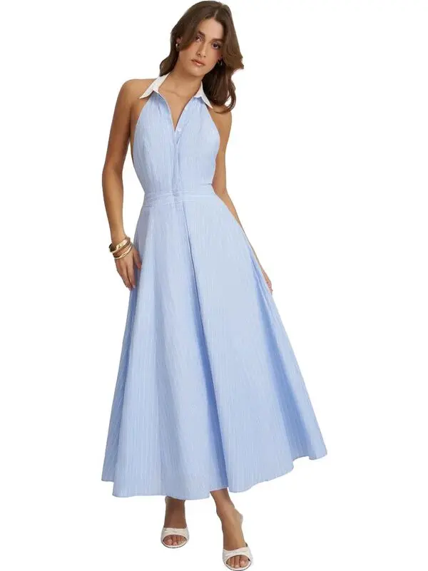 MISS CIRCLE NEW YORK Winslet Striped Cotton Poplin Halter Maxi Dress - Sky Blue