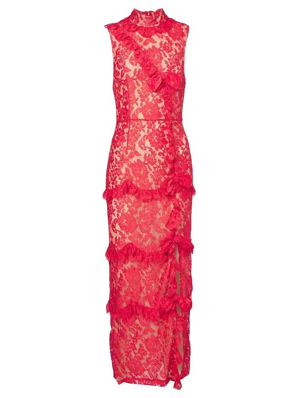 Alessandra Rich Lace Bow Detail Midi Dress - Red