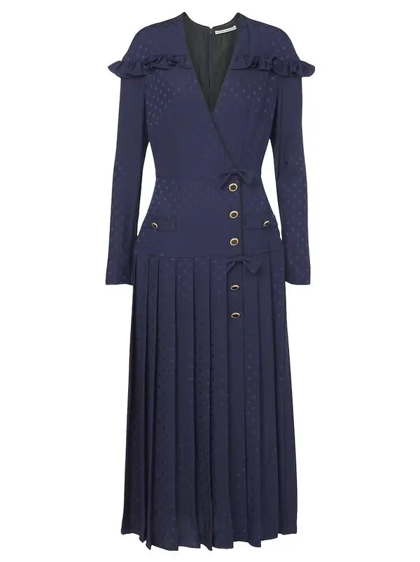 Alessandra Rich Pleated Silk Jacquard Midi Dress - Blue