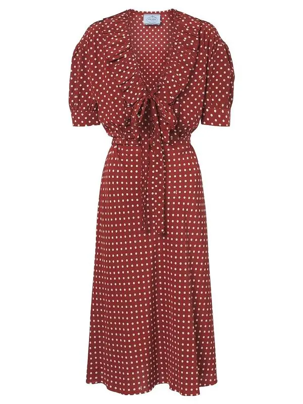 Prada Polka Dot Ruffled Silk Midi Dress - Brown