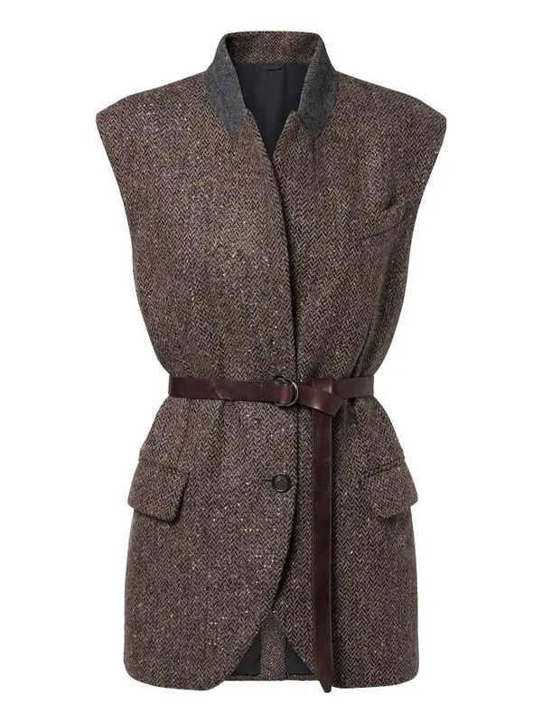 Brunello Cucinelli Monili Herringbone Sequined Wool-blend Vest - Brown