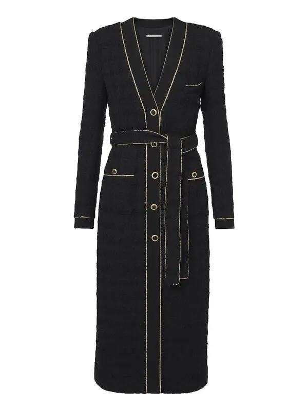 Alessandra Rich Belted Cotton-blend Bouclé Tweed Coat - Black