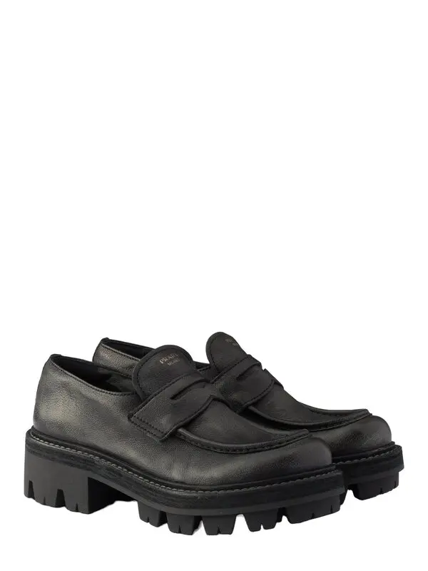 Prada Leather Loafers With Embossed Logo - Black
