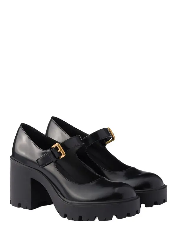 Prada Brushed Leather Mary Jane Pumps With Metal Buckle - Black