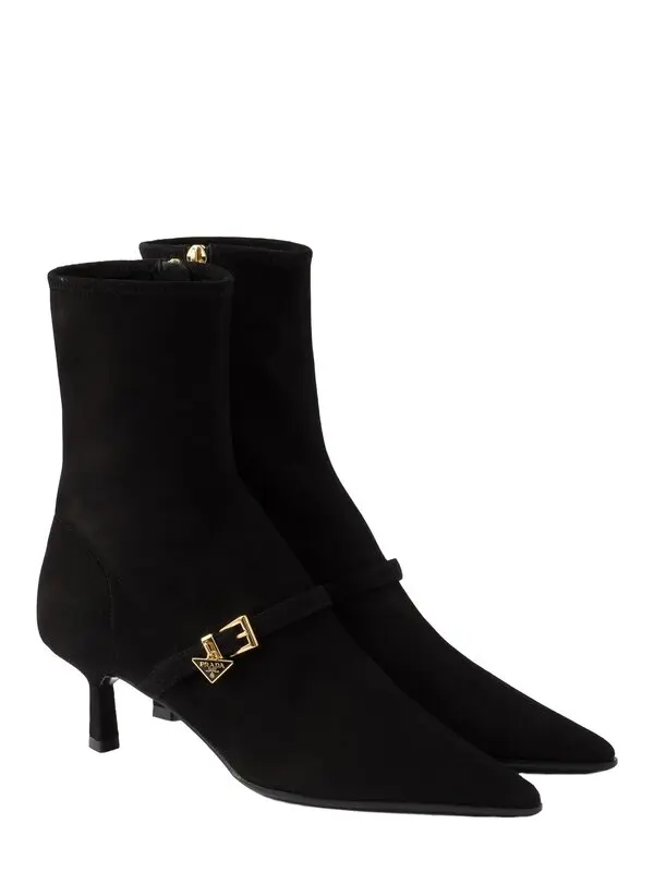 Prada Stretch Suede Booties With Logo Engraved Buckle - Black