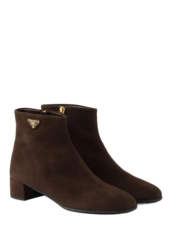 Prada Suede Ankle Boots With Side Zip And Logo Detail - Brown