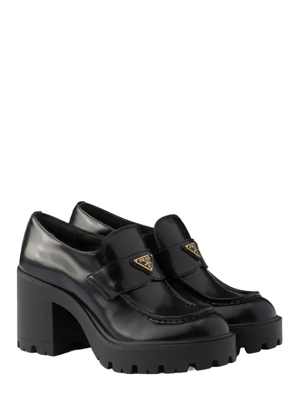 Prada Brushed Leather Loafers With Block Heel - Black